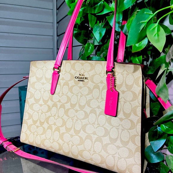 Coach | Bags | Brand New Pink Leather Tan Signature Coated Canvas Large ...